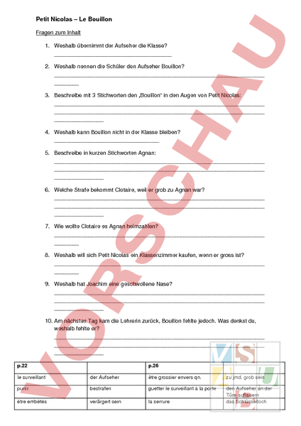 Arbeitsblatt: Petit nicolas - Le Bouillon - Französisch - Lesen / Literatur