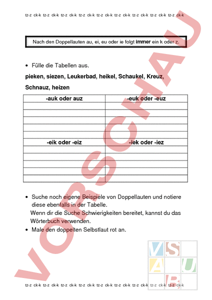 Arbeitsblatt: Doppellaute tz und ck - Deutsch - Grammatik
