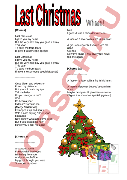 Arbeitsblatt: Last Christmas Wham - Musik - Singen / Lieder