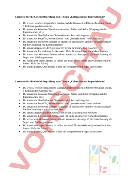 Arbeitsblatt: Lernziele Test Kolonialisierung - Geschichte - Neuzeit
