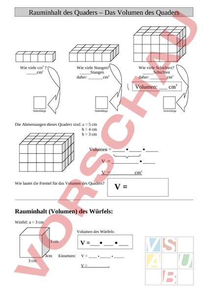 Arbeitsblatt: Volumen - Quader, Würfel - Mathematik - Anderes Thema