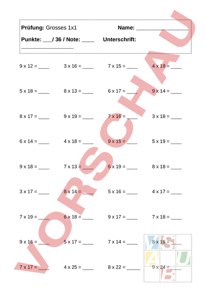 Arbeitsblatt: Prüfung Grosses 1x1 - Mathematik - Multiplikation