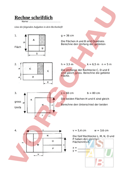 Arbeitsblatt: Flächenberechnung - Geometrie - Flächen