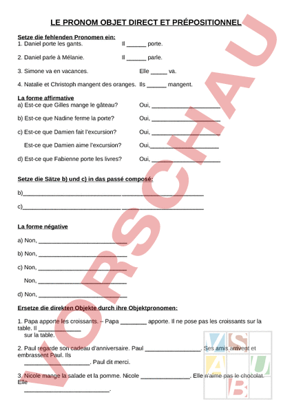 Arbeitsblatt: pronom objet direct - Französisch - Grammatik