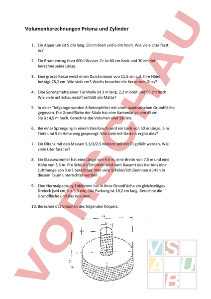 Arbeitsblatt: Volumenberechnung - Mathematik - Satzaufgaben