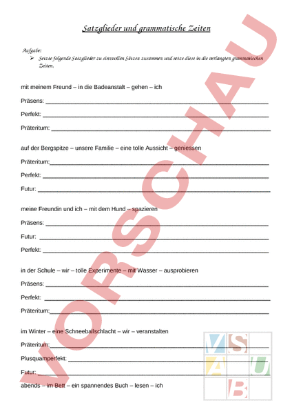 Arbeitsblatt: Satzglieder und grammatische Zeiten - Deutsch - Grammatik