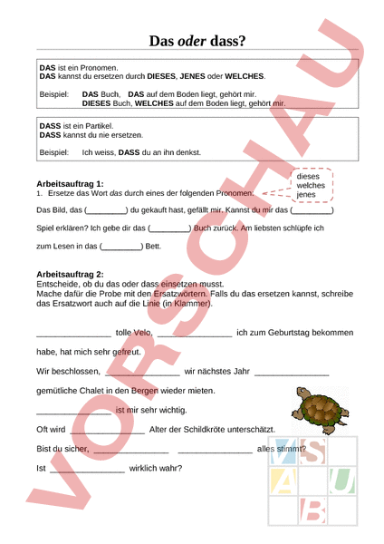 Arbeitsblatt: das oder dass - Deutsch - Rechtschreibung