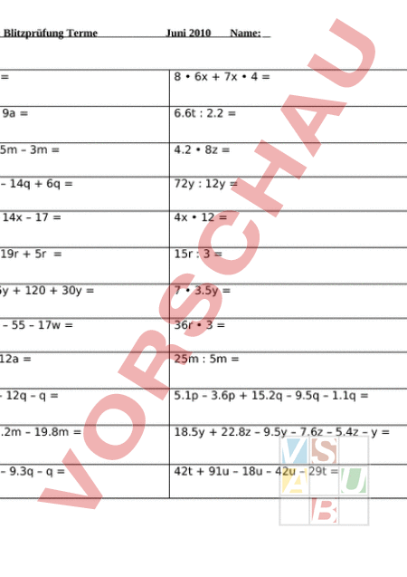 Arbeitsblatt: Terme - Mathematik - Algebra