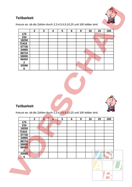 Arbeitsblatt: Teilbarkeit - Mathematik - Anderes Thema