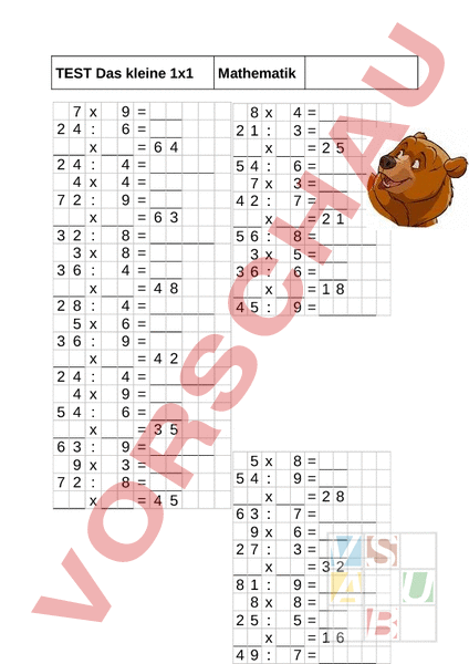 Arbeitsblatt: 1x1 Test - Mathematik - Gemischte Themen