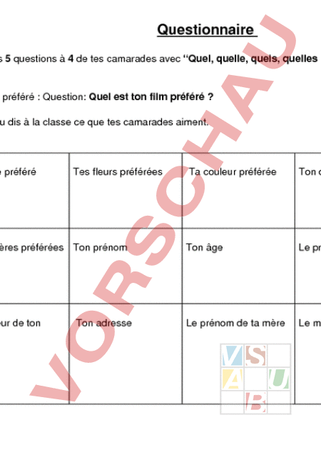 Arbeitsblatt: et 13 questionnaire quel quels - Französisch - Grammatik