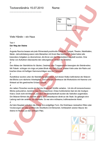 Arbeitsblatt: Der Weg der Steine - Deutsch - Textverständnis