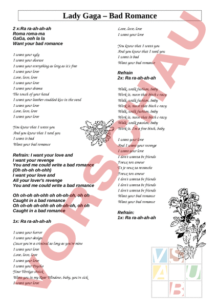 Arbeitsblatt: Lady Gaga - Bad Romance - Musik - Singen / Lieder