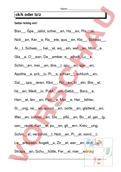 Arbeitsblatt: ck, k tz, z - Deutsch - Grammatik