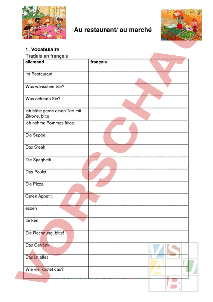 Arbeitsblatt: au marché et au restaurant - Französisch - Gemischte Themen
