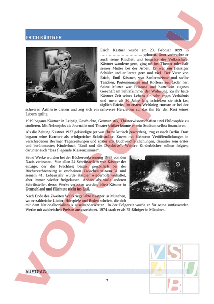 Arbeitsblatt: Erich Kästner - Deutsch - Leseförderung / Literatur