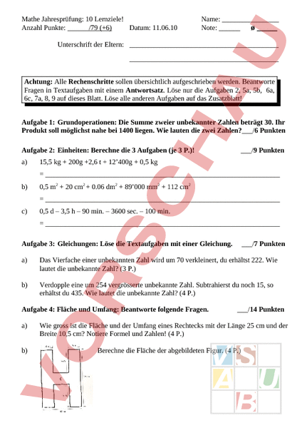 Arbeitsblatt: Jahresprüfung 1.Sek - Mathematik - Repetition