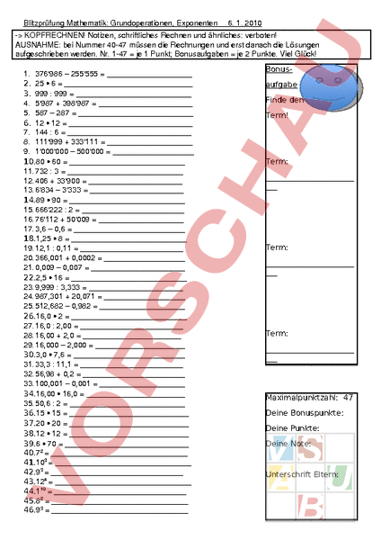 Arbeitsblatt: LK Grundrechenoperationen, Exponenten (Blitzprüfung ...