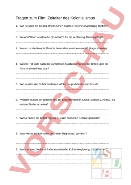 Arbeitsblatt: Zeitalter des Kolonialismus - Geschichte - Neuzeit