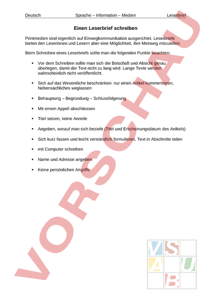 Arbeitsblatt: Merkblatt Leserbrief - Deutsch - Texte schreiben