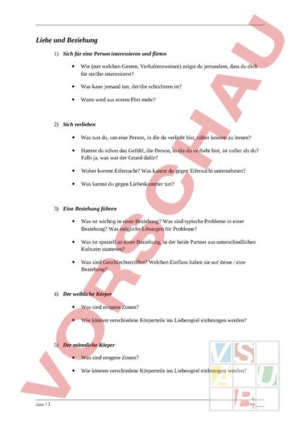 Arbeitsblatt: Liebe und Beziehung - Lebenskunde - Sexualerziehung