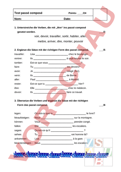 Arbeitsblatt: passé composé test - Französisch - Grammatik