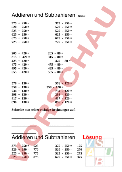 Arbeitsblatt: Adddition und Subtraktion - Mathematik - Addition