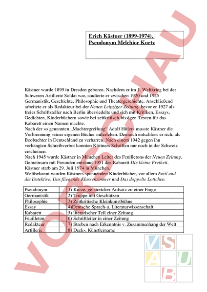 Arbeitsblatt: Kurzbiographie Erich Kästner - Deutsch - Leseförderung ...