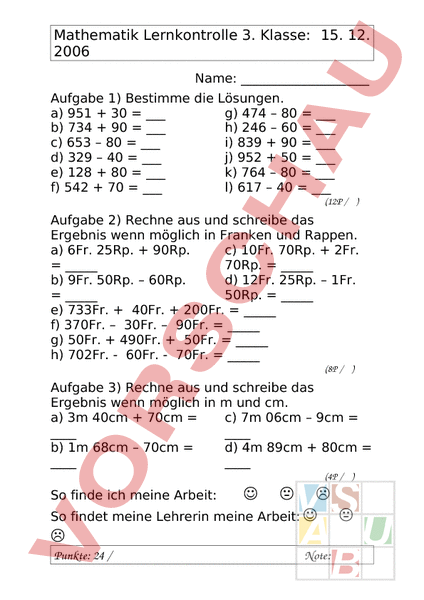Arbeitsblatt: Lernkontrolle - Mathematik - Gemischte Themen