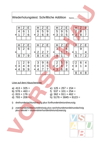 Arbeitsblatt: schriftliche Addition übung - Mathematik - Addition
