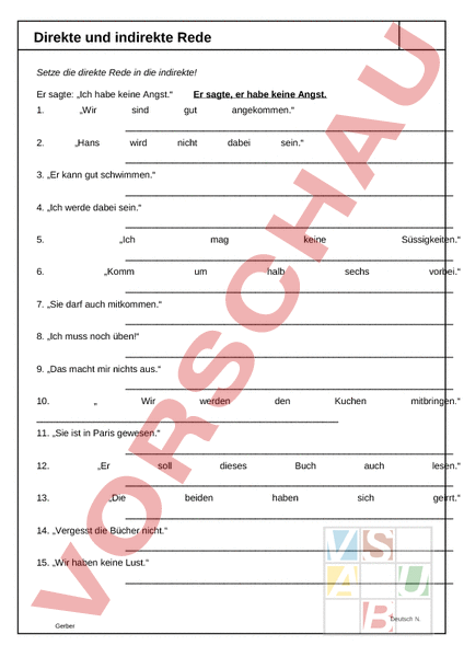 Arbeitsblatt: Direkte und indirekte Rede - Deutsch - Grammatik