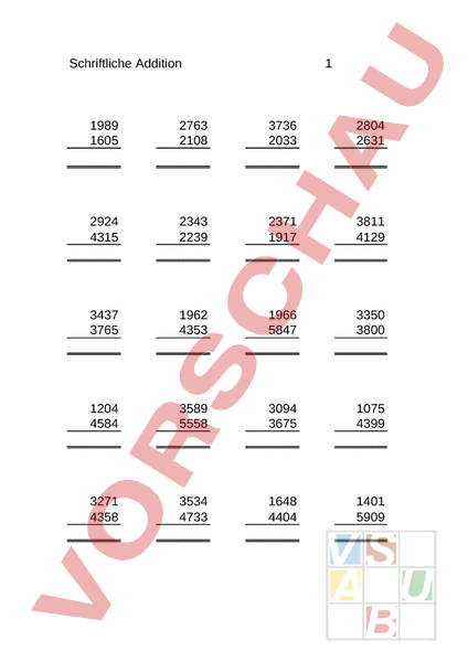 Arbeitsblatt: schriftliche Addition - Mathematik - Addition