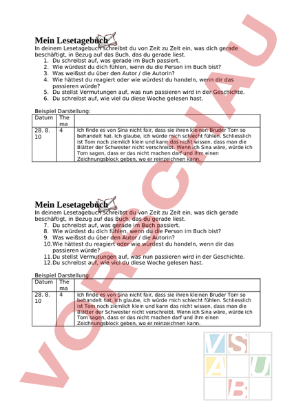 Arbeitsblatt: Lesetagebuch - Deutsch - Leseförderung / Literatur