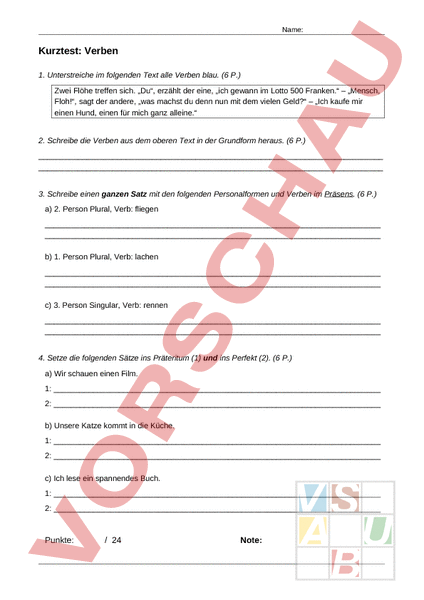 Arbeitsblatt: Kurztest Verben - Deutsch - Grammatik Arbeitsblatt: Kurztest Verben - Deutsch - Grammatik