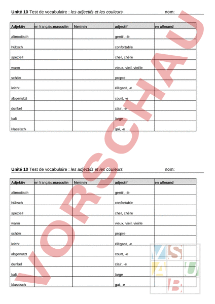 Arbeitsblatt: Unité 10 test de vocabulaire adjectifs et couleurs ...