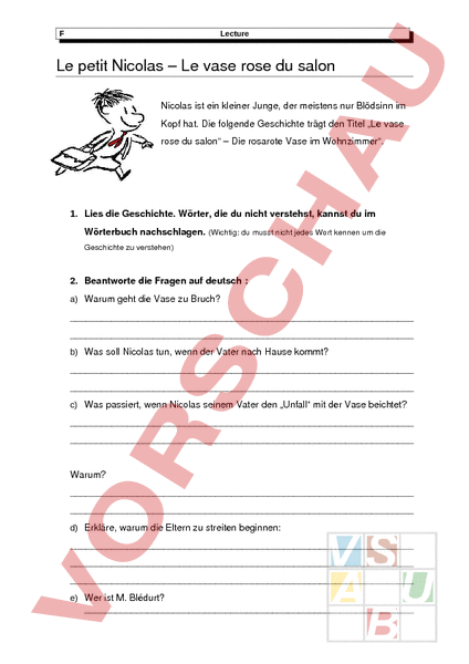 Arbeitsblatt: Le vase rose du salon - Französisch - Textverständnis