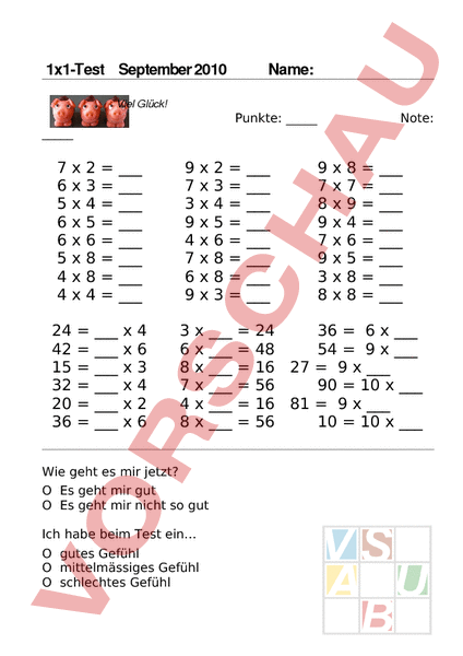 Arbeitsblatt: 1x1 Test - Mathematik - Multiplikation
