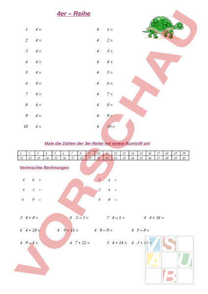 Arbeitsblatt: 4er Malreihe - Mathematik - Multiplikation