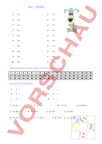 Arbeitsblatt: 6er Mal-Reihe - Mathematik - Multiplikation