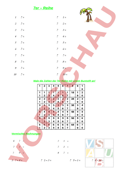 Arbeitsblatt: 7er Mal-Reihe - Mathematik - Multiplikation