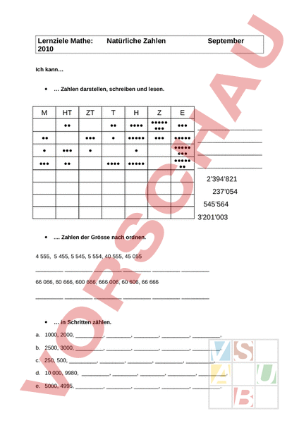 Arbeitsblatt: Natürliche Zahlen - Mathematik - Repetition