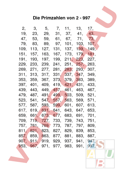 Arbeitsblatt: Die Primzahlen von 2-997 - Mathematik - Algebra