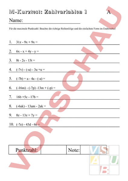 Arbeitsblatt: Zahlvariablen - Mathematik - Algebra