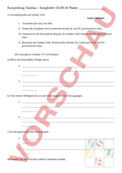 Arbeitsblatt: Satzglieder 1 - Deutsch - Grammatik