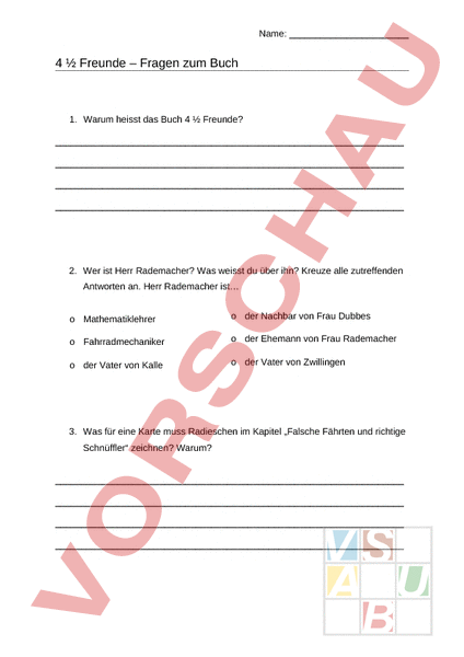 Arbeitsblatt: Leseverstehen - 3 schriftliche Fragen zum Buch - Deutsch ...