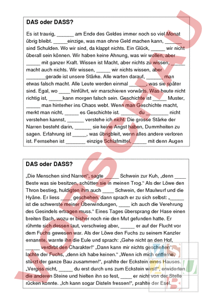 Arbeitsblatt: das oder dass - Deutsch - Grammatik