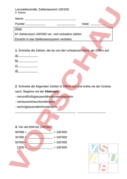 Arbeitsblatt: Zahlenbereich 100'000 - Mathematik - Zahlenbereiche