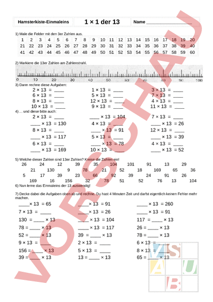 Arbeitsblatt: 13er Einmaleins - Mathematik - Multiplikation