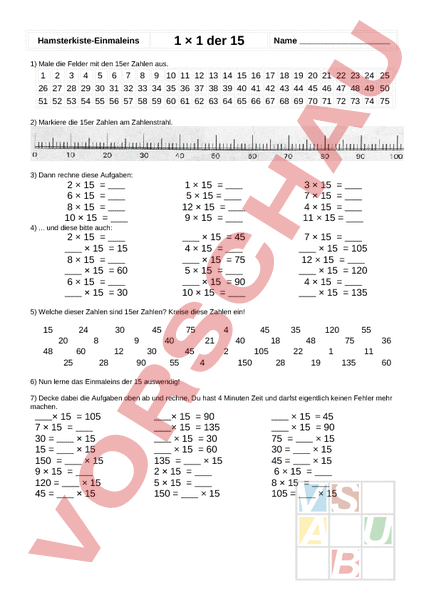 Arbeitsblatt: 15er Einmaleins - Mathematik - Multiplikation