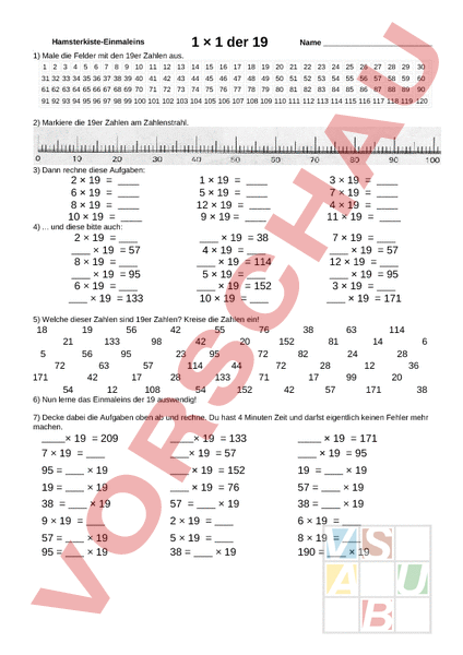 Arbeitsblatt: 19er Einmaleins - Mathematik - Multiplikation